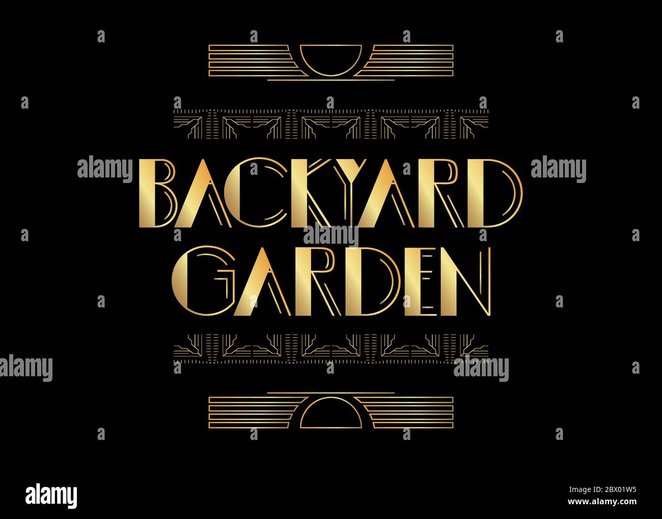 Art Deco Backyard Garden text. Decorative greeting card, sign with ...