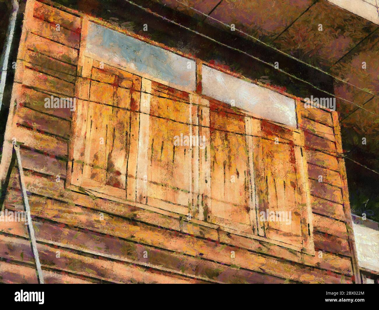 The ancient wooden windows Illustrations creates an impressionist style ...