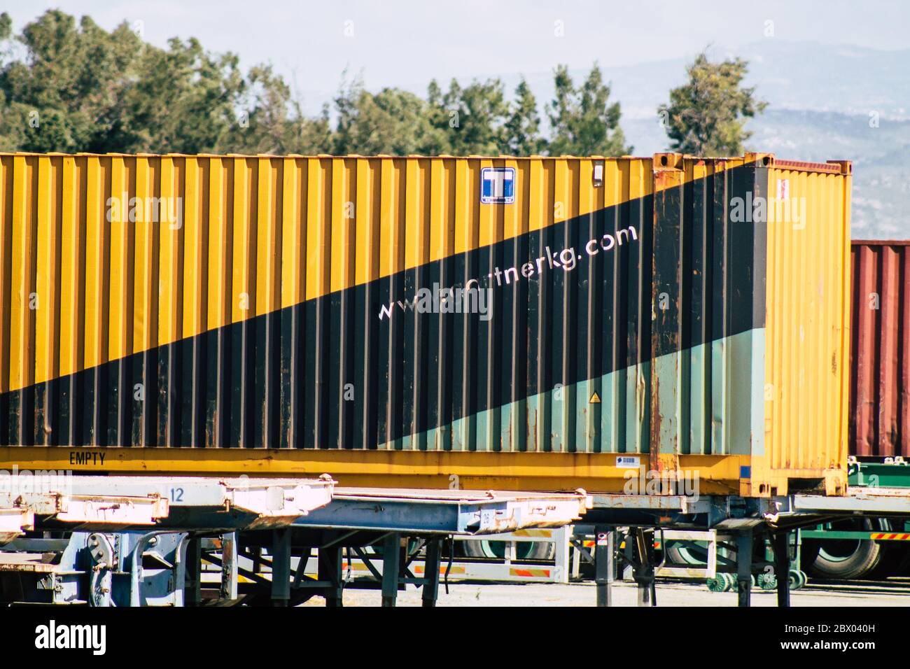 Limassol Cyprus June 03, 2020 View of metal shipping container with ...