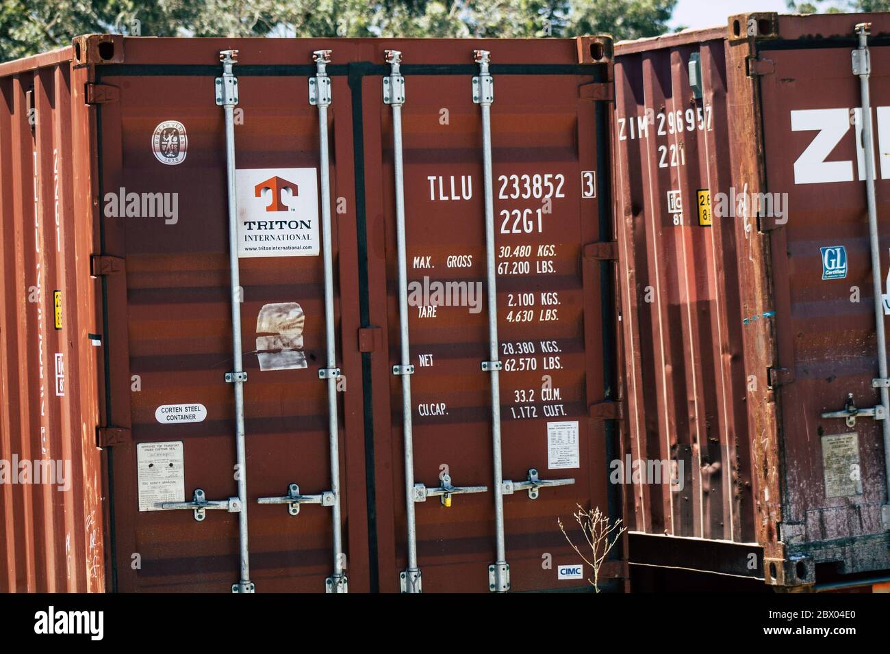 Limassol Cyprus June 03, 2020 View of metal shipping container with ...