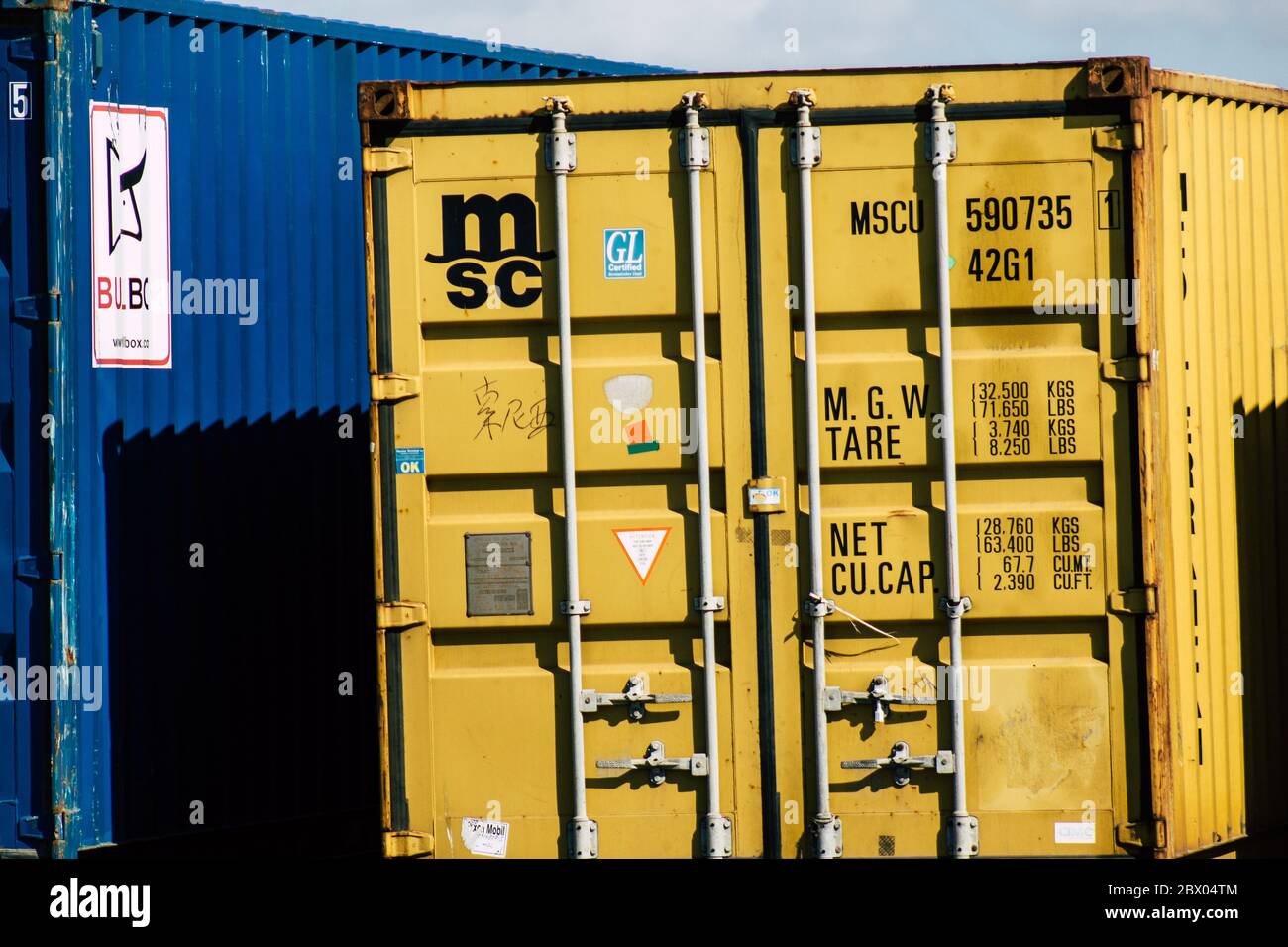 Limassol Cyprus June 03, 2020 View of metal shipping container with ...