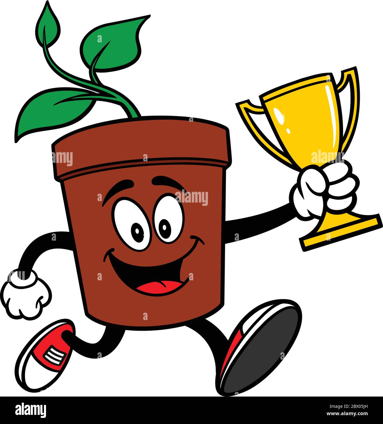 Potted Plant Running with Trophy - A cartoon illustration of a Potted ...