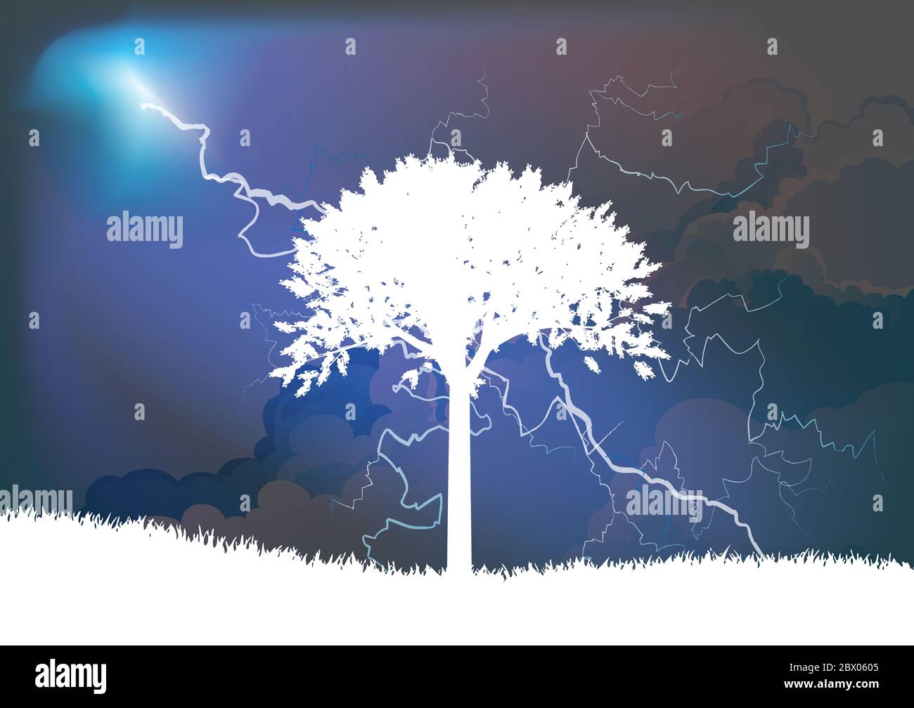 Dramatic thunderstorm with lightning arcing across a darkened cloudy ...