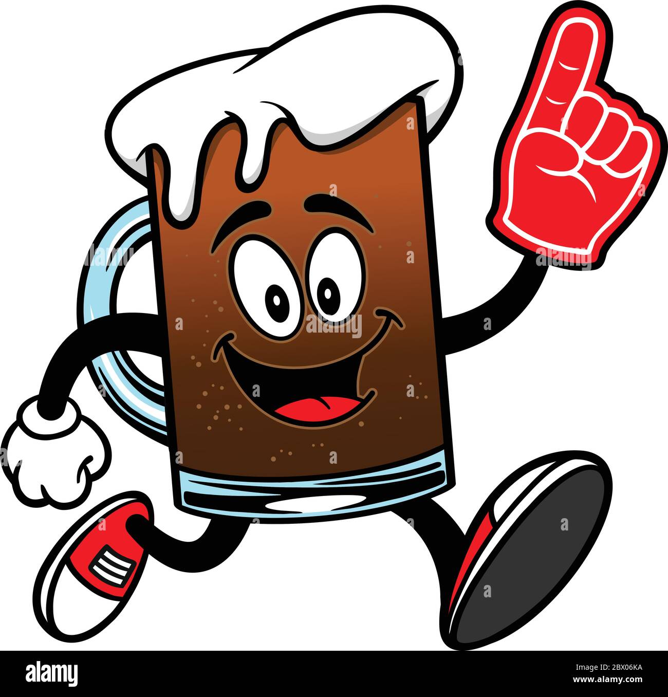 Root Beer Running with Foam Finger - A cartoon illustration of a Root ...