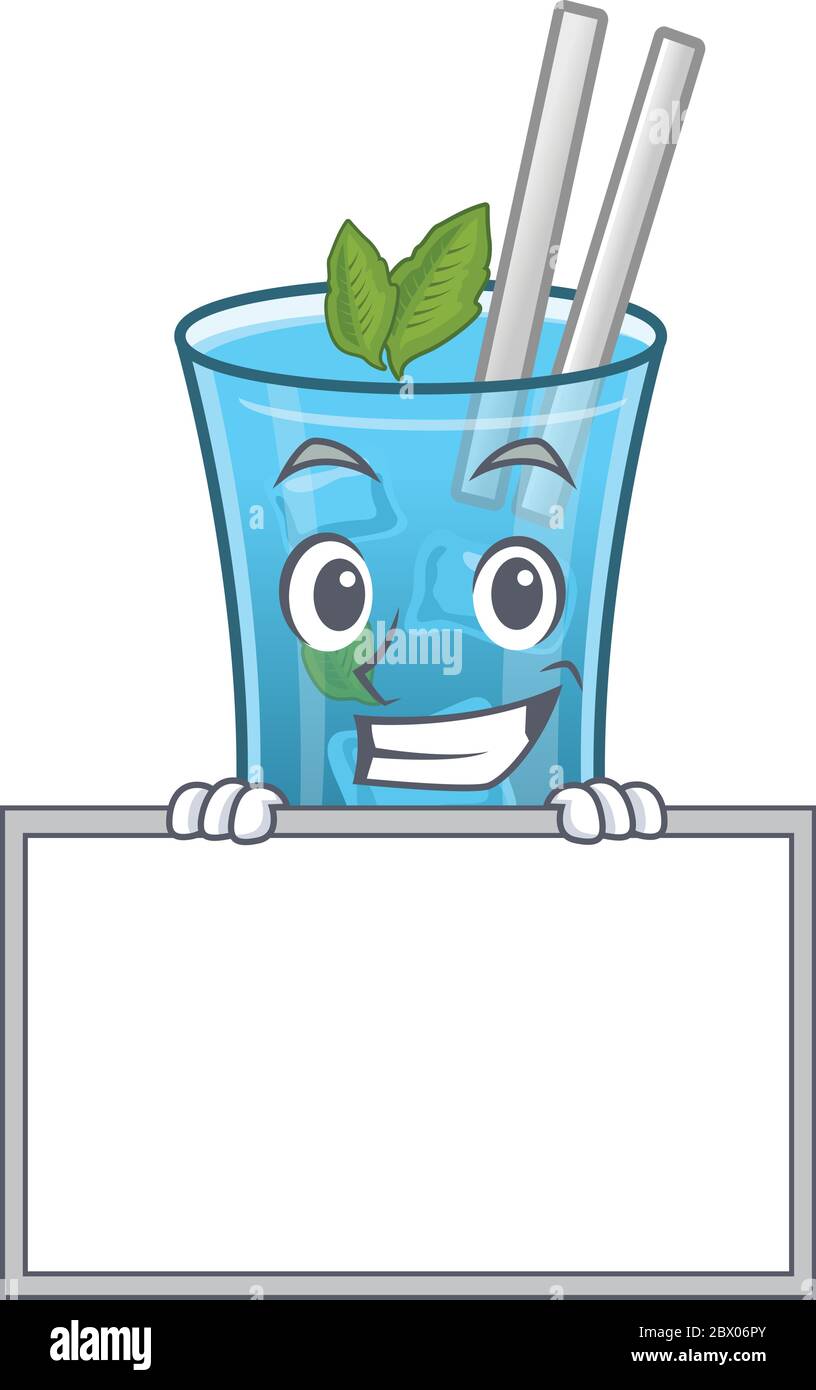 Blue hawai cocktail cartoon design style standing behind a board Stock ...