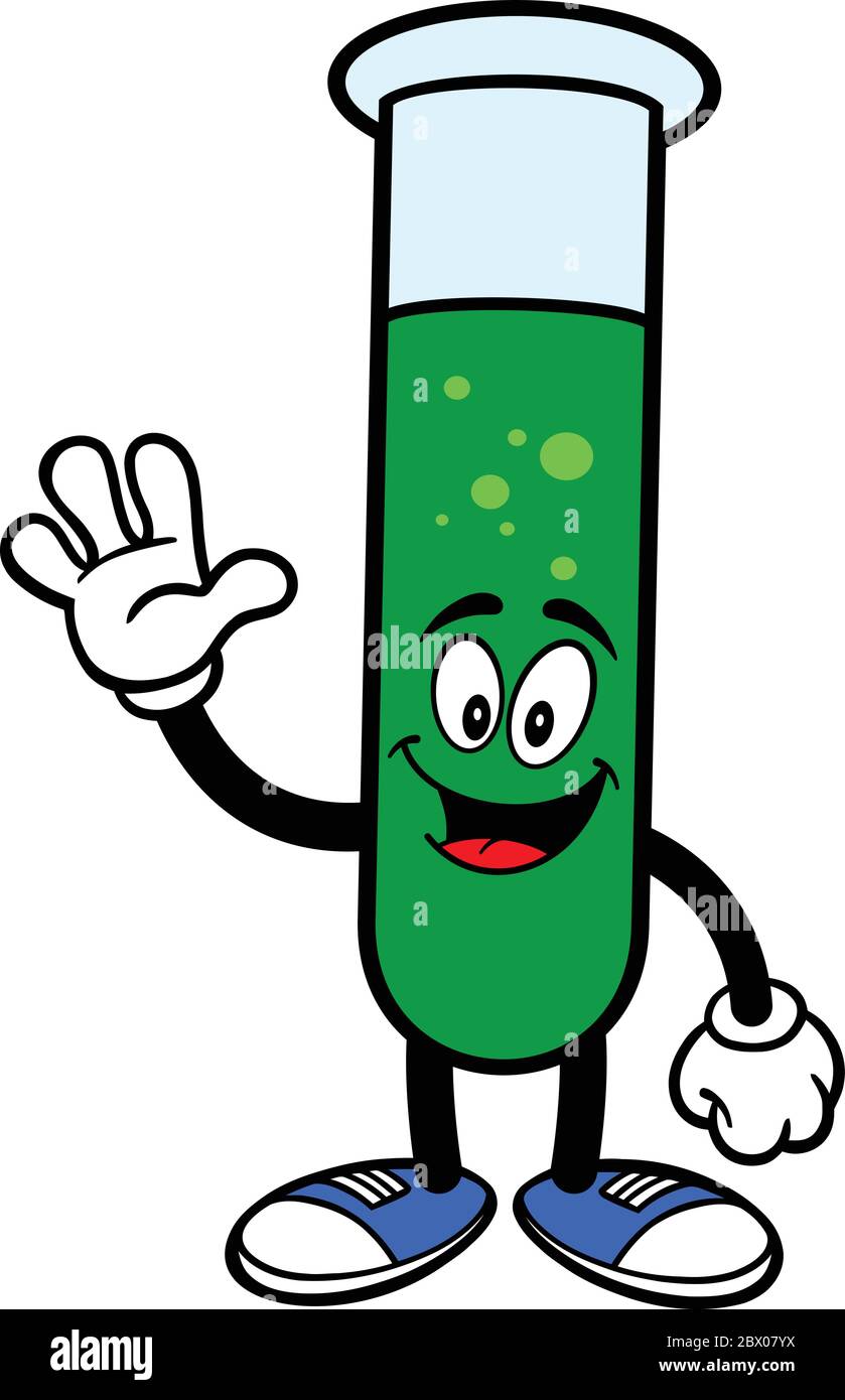 Test Tube Waving - A cartoon illustration of a Test Tube Mascot Waving ...