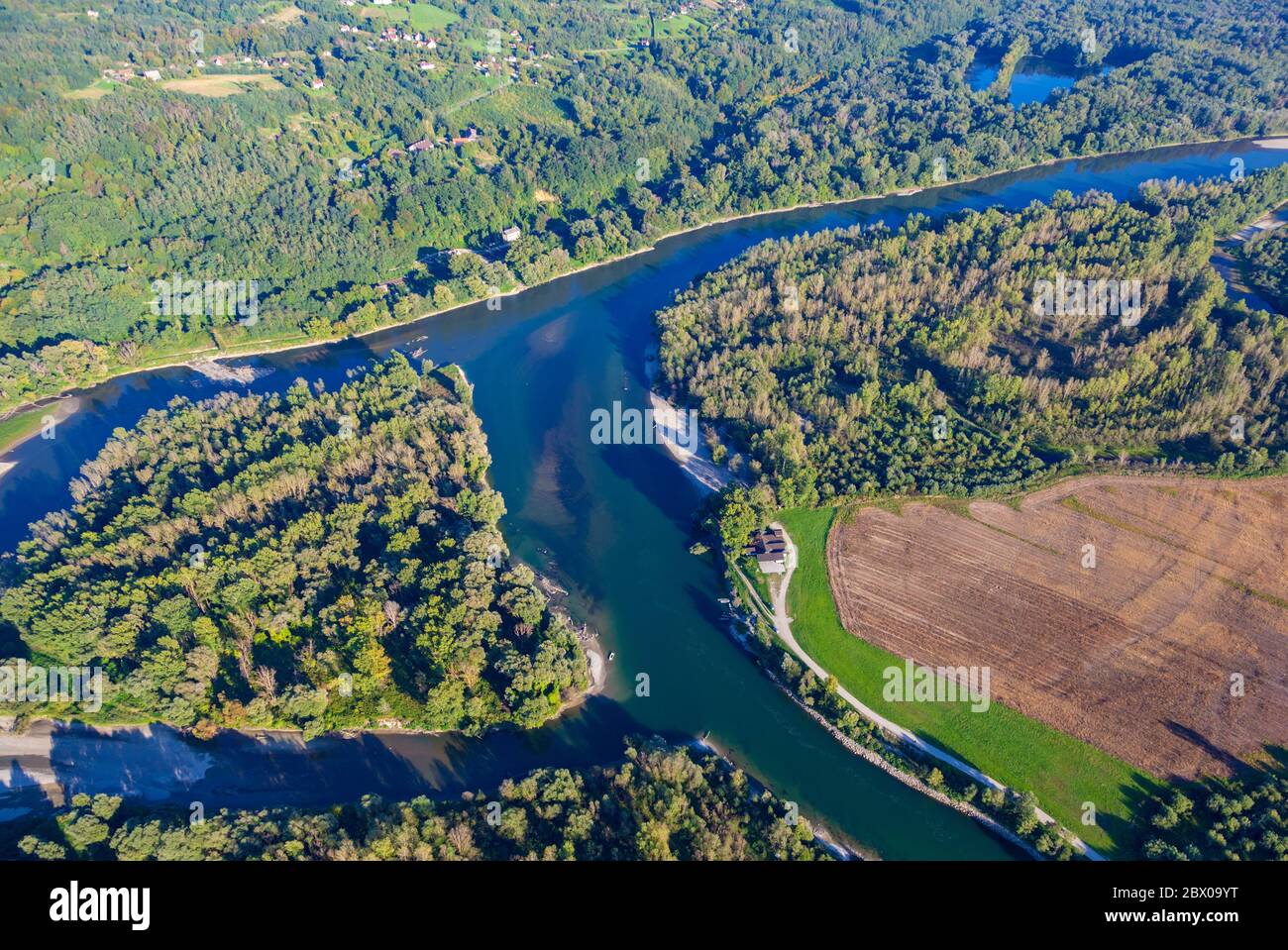 Aerial view of the confluence of Mura and Drava rivers Stock Photo - Alamy