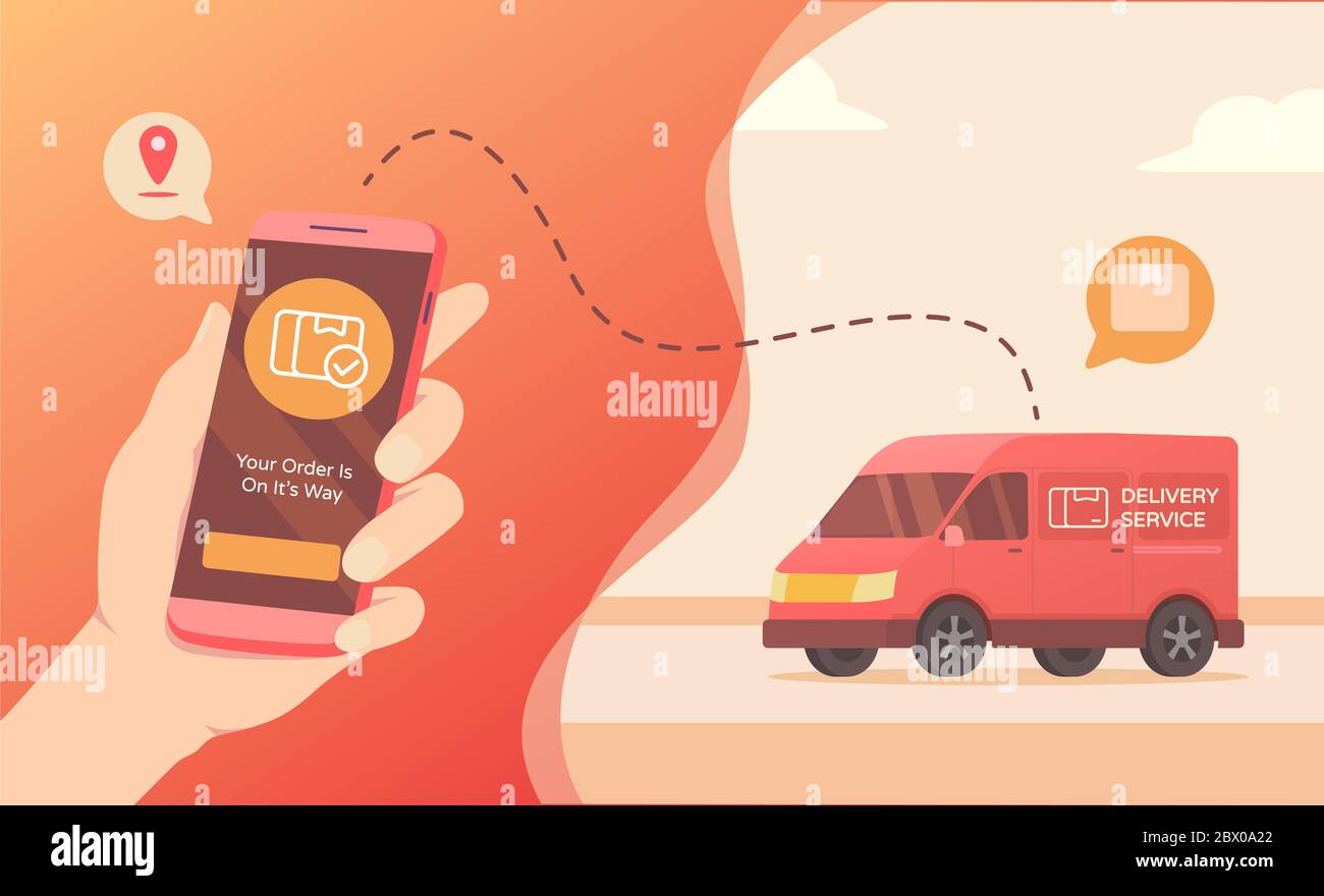 Fast delivery service app on mobile phone: van delivering box customer ...
