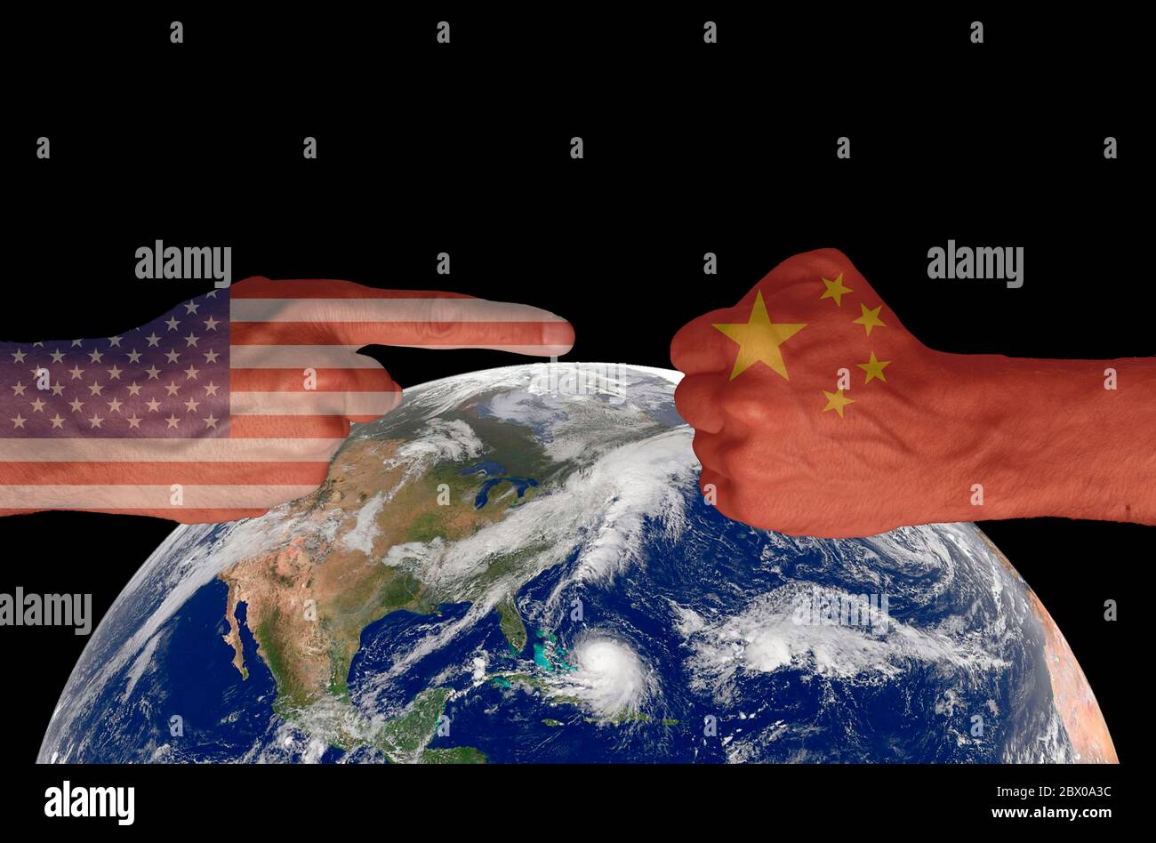 Two hands in an attitude of discussion with the flags of the USA and ...