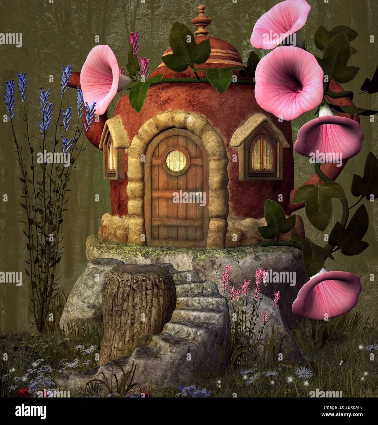 Enchanted teapot house with pink bluebell Stock Photo - Alamy