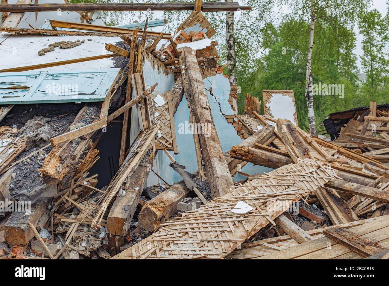 Rubble of old ruined house. Pile of construction fragments in ruins ...