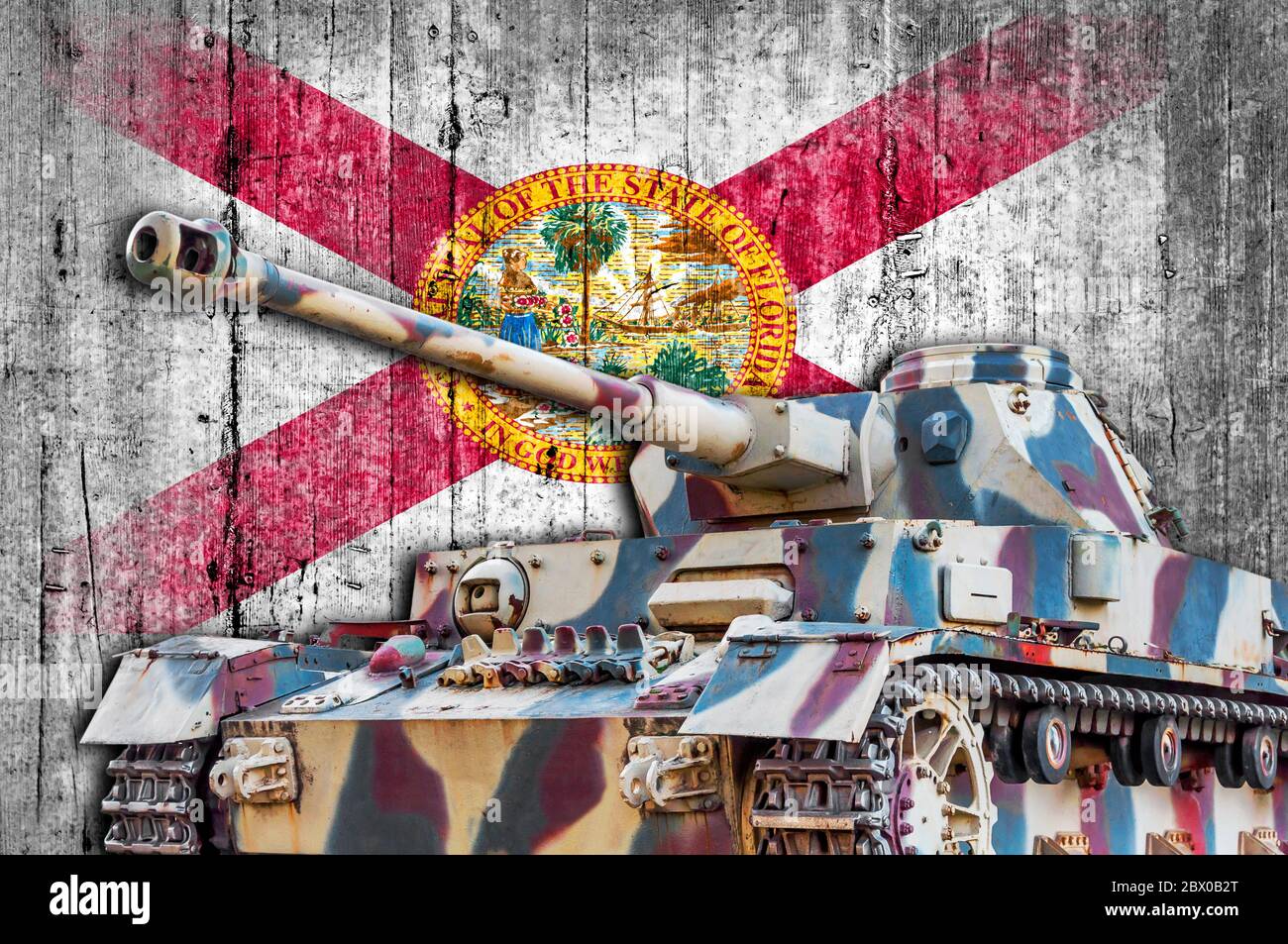 Military tank with concrete Florida flag Stock Photo - Alamy