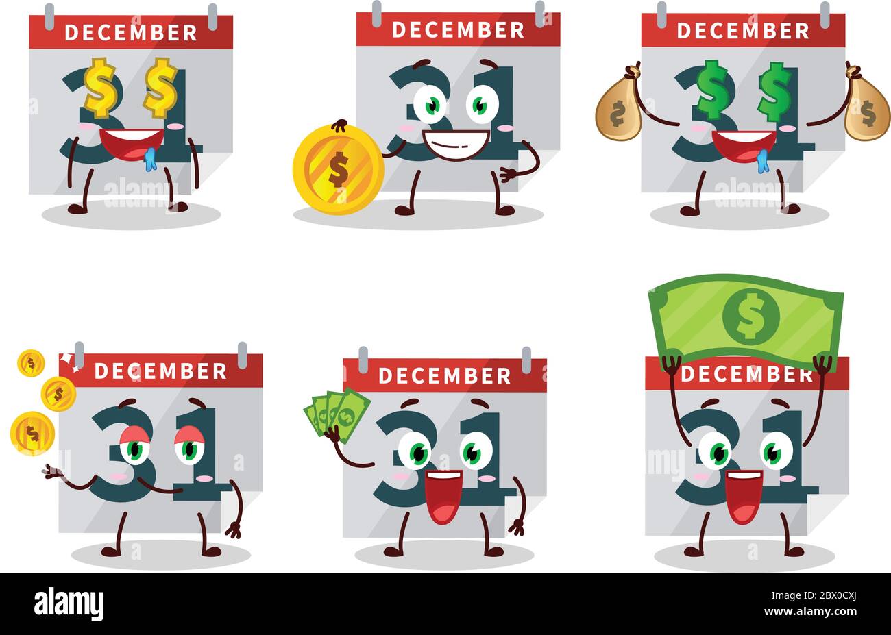 December 31th calendar cartoon character with cute emoticon bring money ...