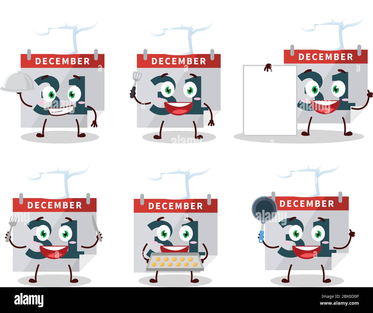 Cartoon character of december 31th calendar with various chef emoticons ...
