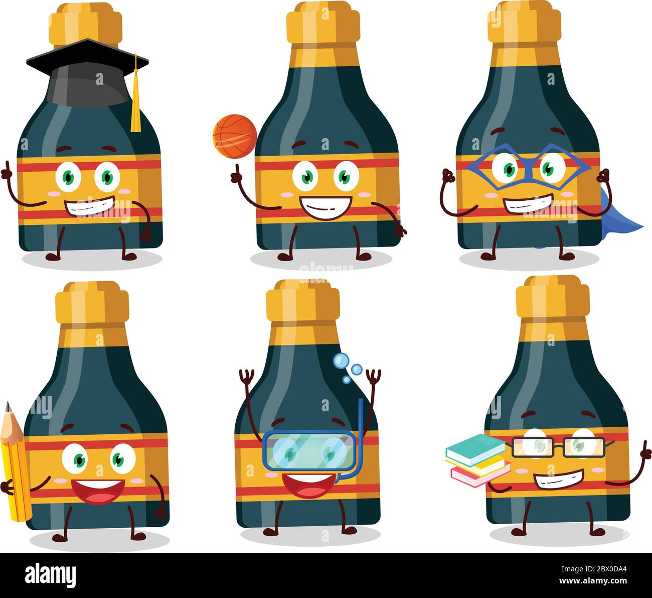 School student of wine bottle cartoon character with various ...