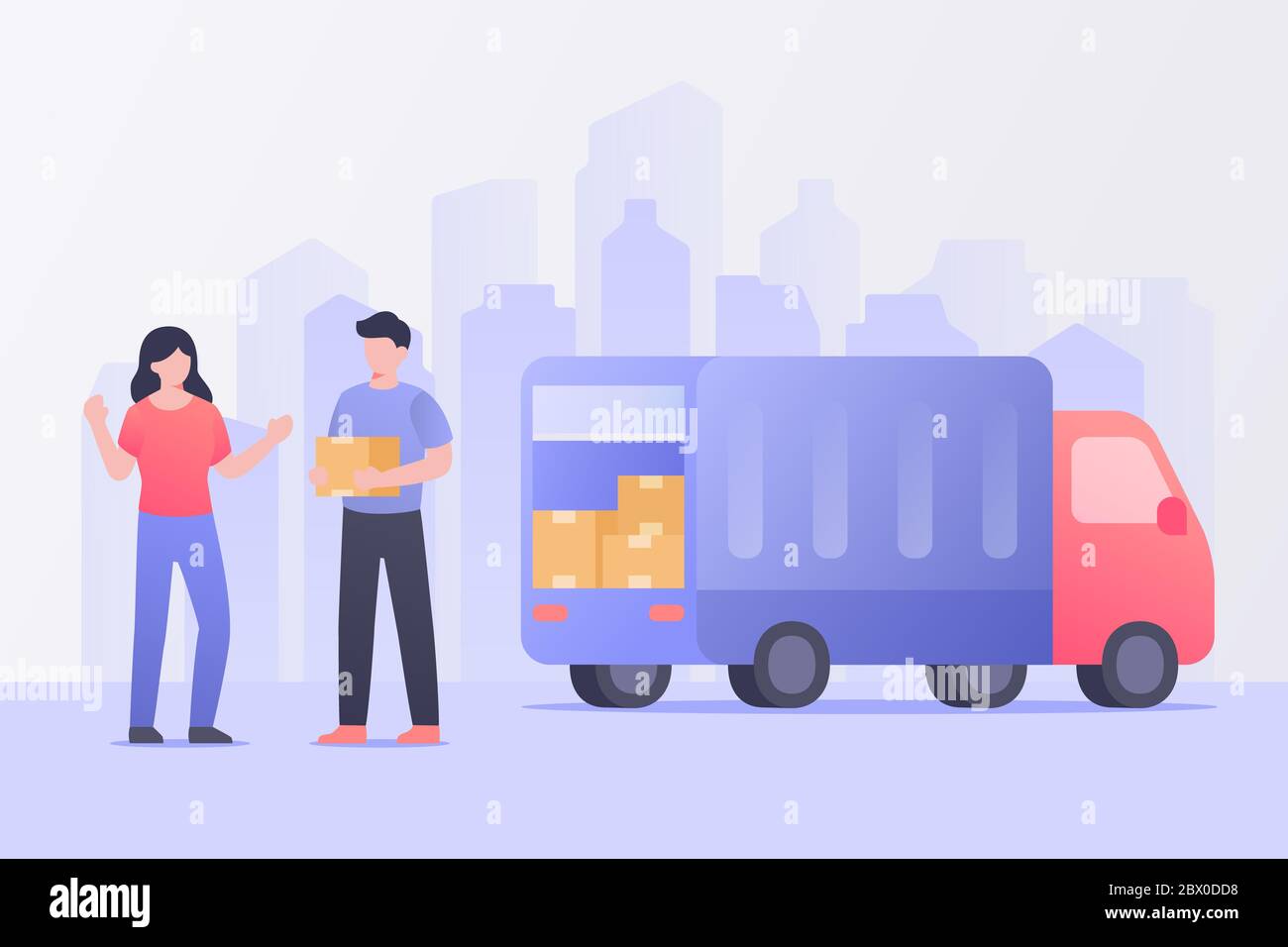 Customer receive package courier delivery by truck. background view ...