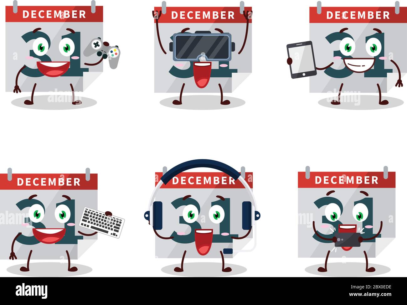 December 31th calendar cartoon character are playing games with various ...