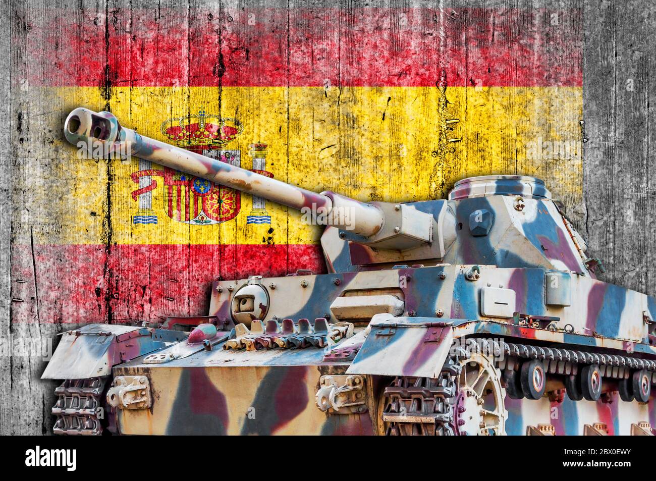 Military tank with concrete Spain flag Stock Photo - Alamy