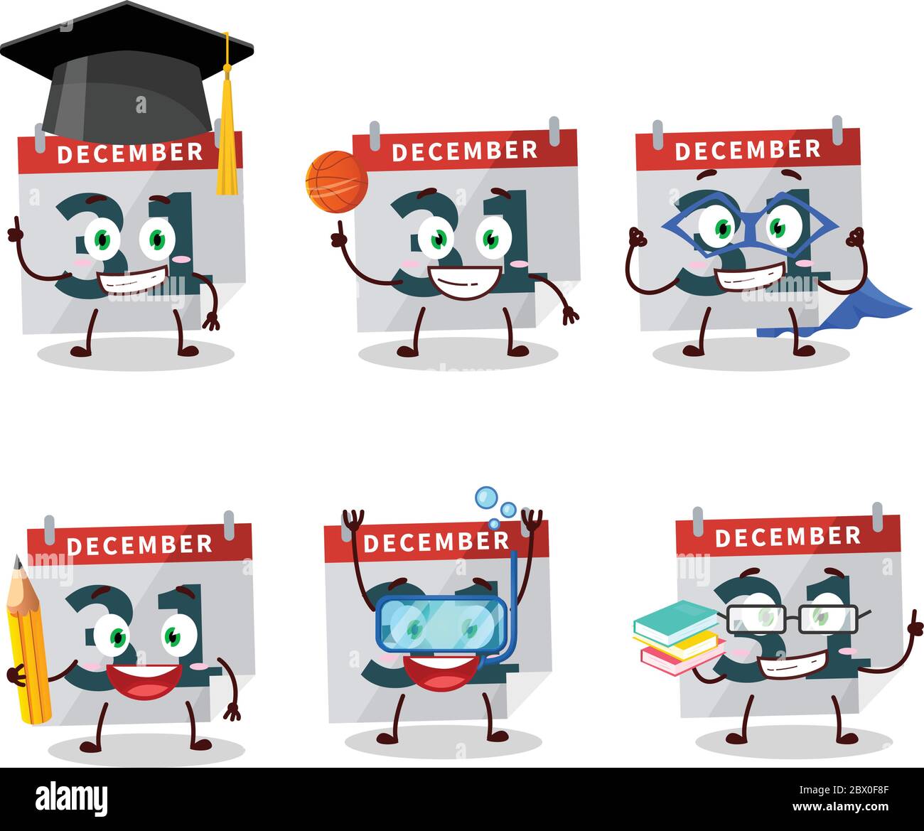 School student of december 31th calendar cartoon character with various ...
