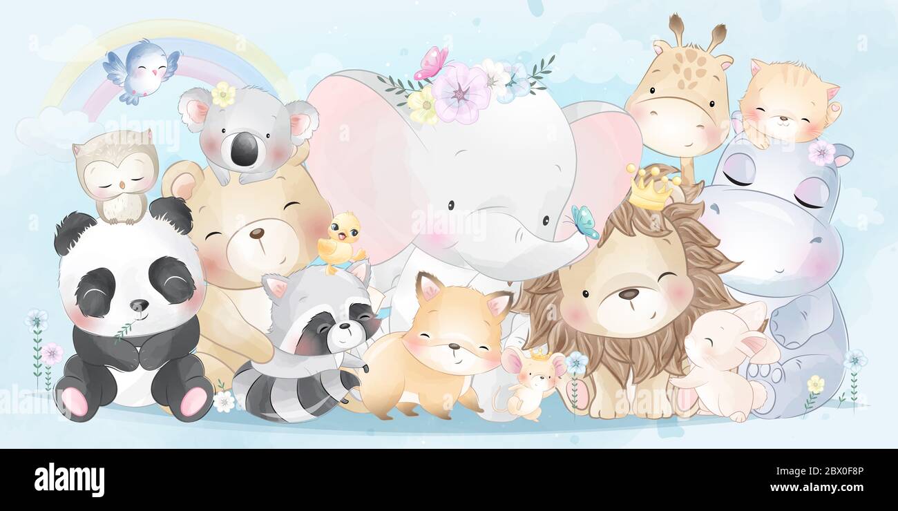 Cute animals portrait with watercolor illustration Stock Photo - Alamy