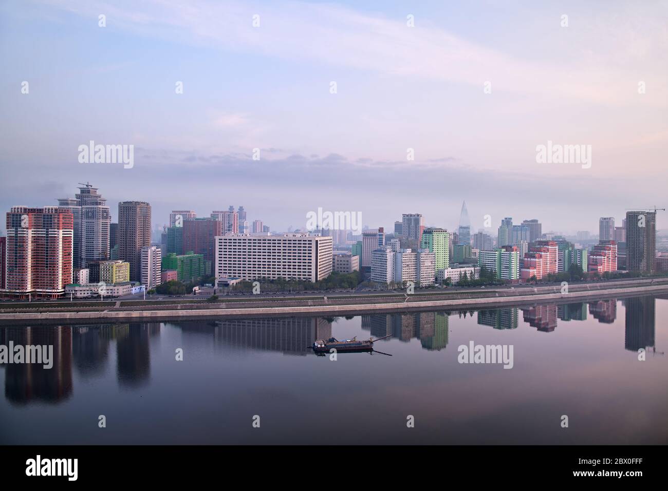 Pyongyang, North Korea - April 30, 2019: Skyline and Taedong River in ...