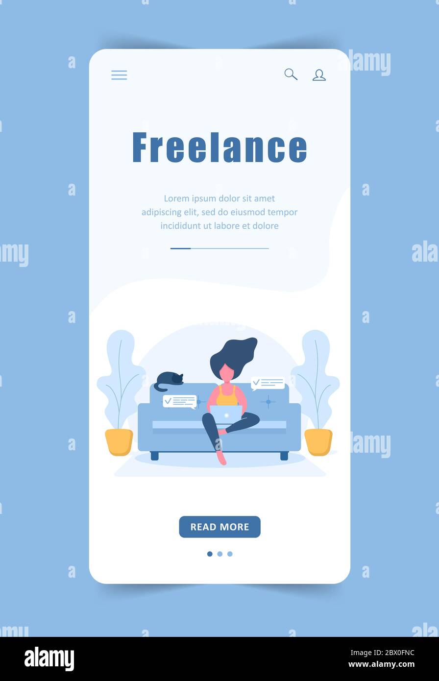 Woman freelance. Girl with laptop sitting on the sofa. Landing page template. Mobile background ...