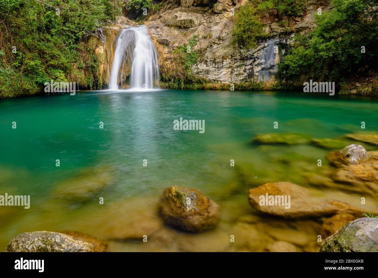 The waterfall of "Gorg Negre", in the Alta Garrotxa (Catalonia, Spain ...
