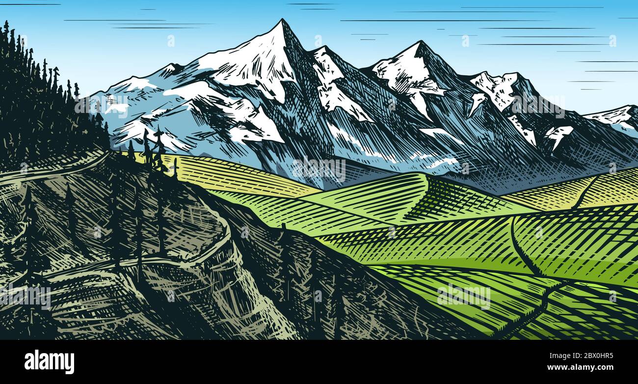 Mountain landscape background. Alpine peaks. Vintage Mount and valley ...