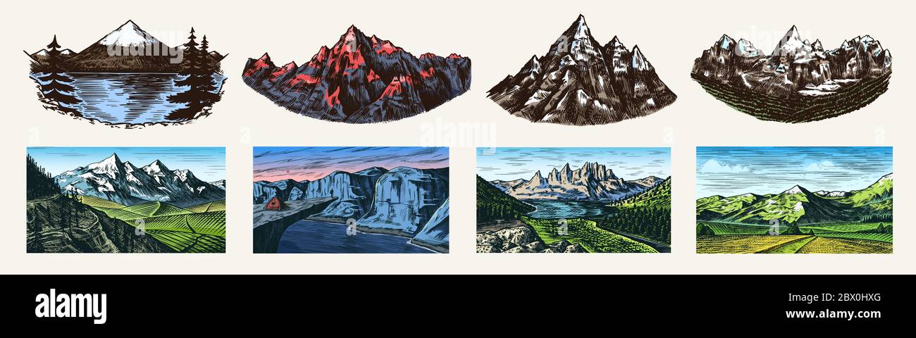 Mountain landscape backgrounds set. Alpine peaks. Vintage Mount. Travel ...