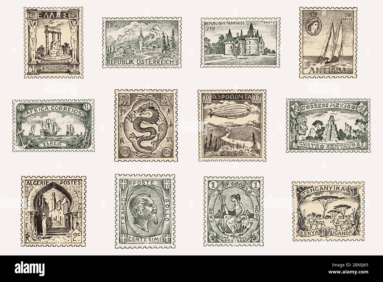 Vintage Postage stamps set. Ancient etching landscapes, dragon and ...