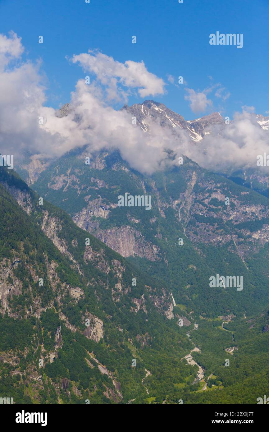 Val Bavona valley in Swiss Ticino alpine landscape with clouds, blue ...