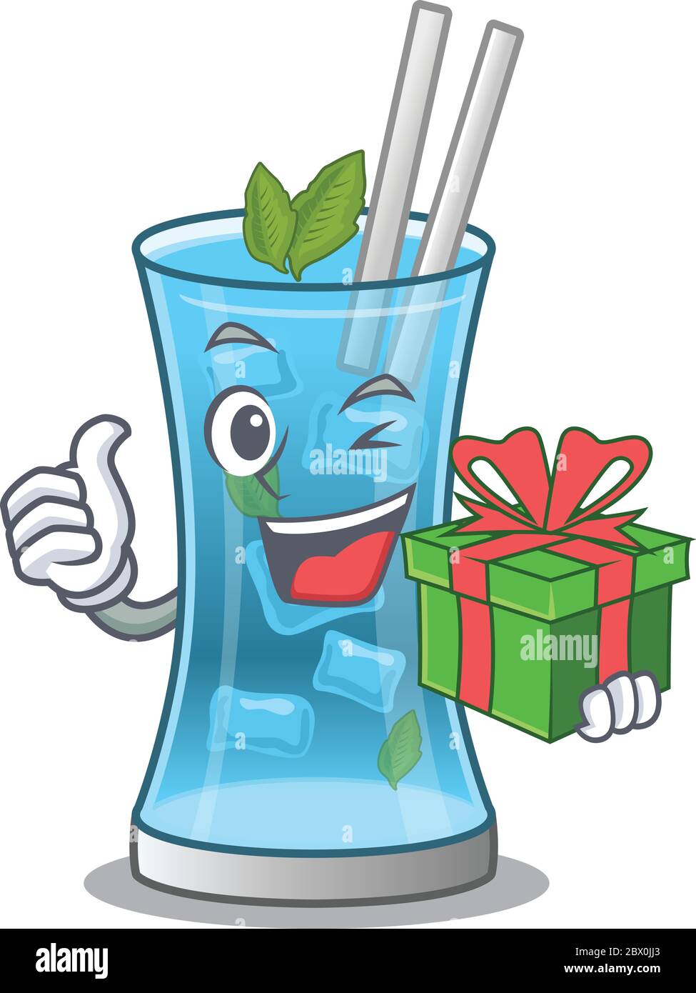joyful blue hawai cocktail cartoon character with a big gift box Stock ...