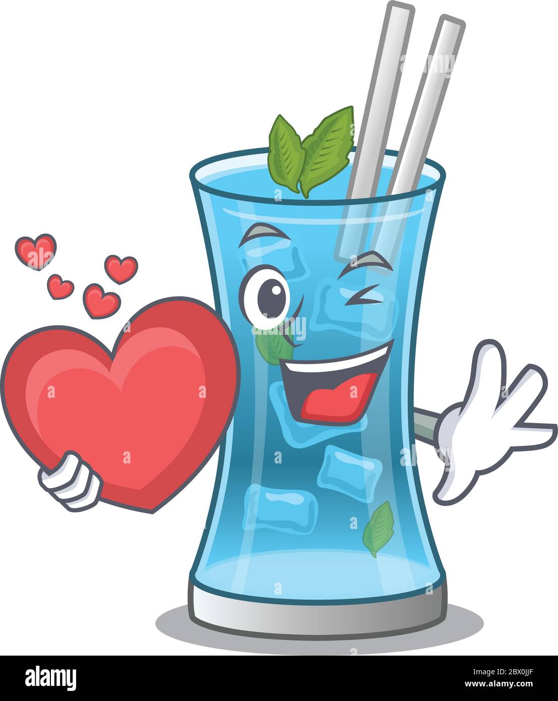 A sweet blue hawai cocktail cartoon character style holding a big heart ...