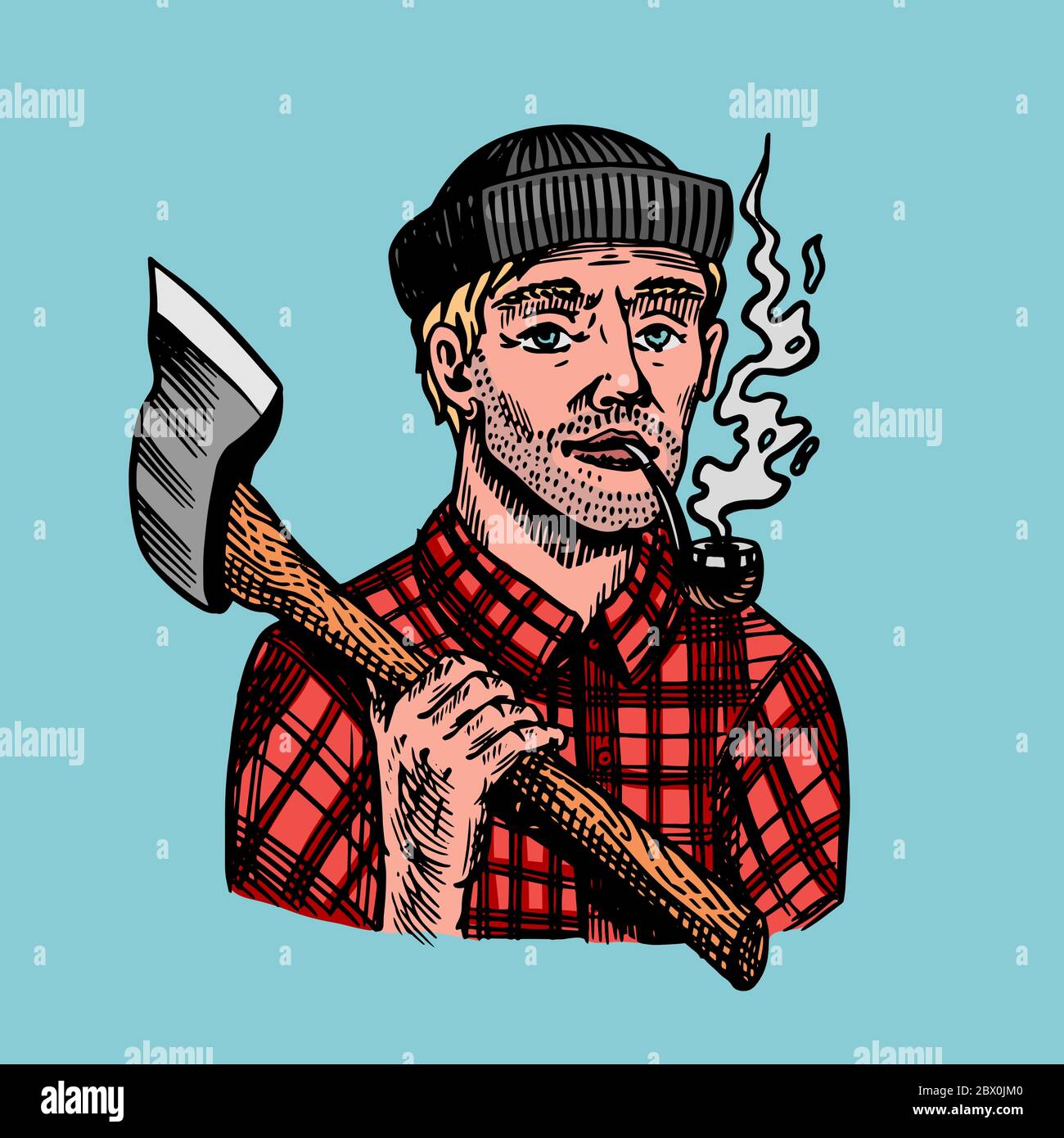 lumberjack with an ax in a red shirt. Feller or woodcutter with a pipe ...