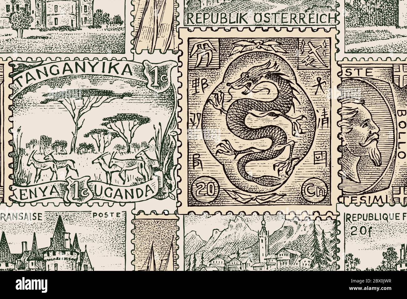 Vintage Postage stamps seamless pattern. Retro old Sketch for poster or ...