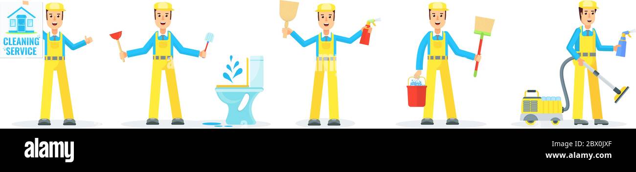 Cleaning service staff team. and private homes. Vector flat cartoon ...