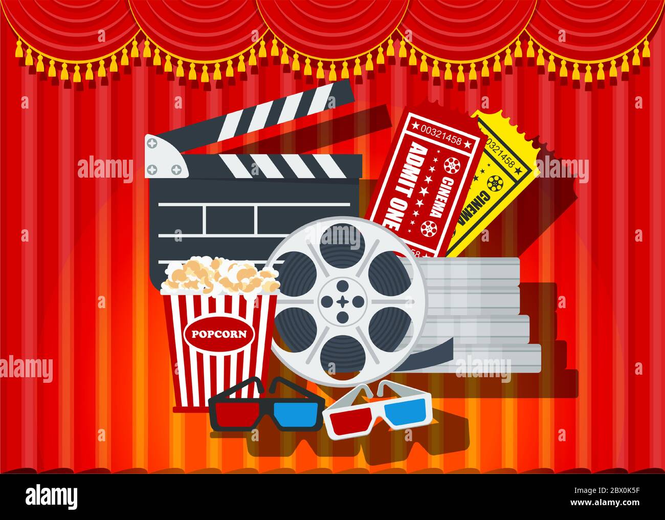 Cinema poster template. Red curtain on stage of theater. Screen ...