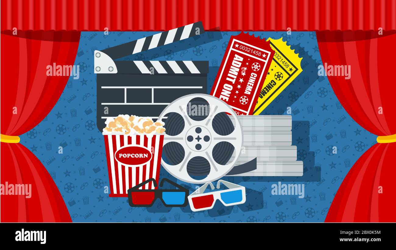 Cinema poster template. Red curtain on stage of theater. Screen ...