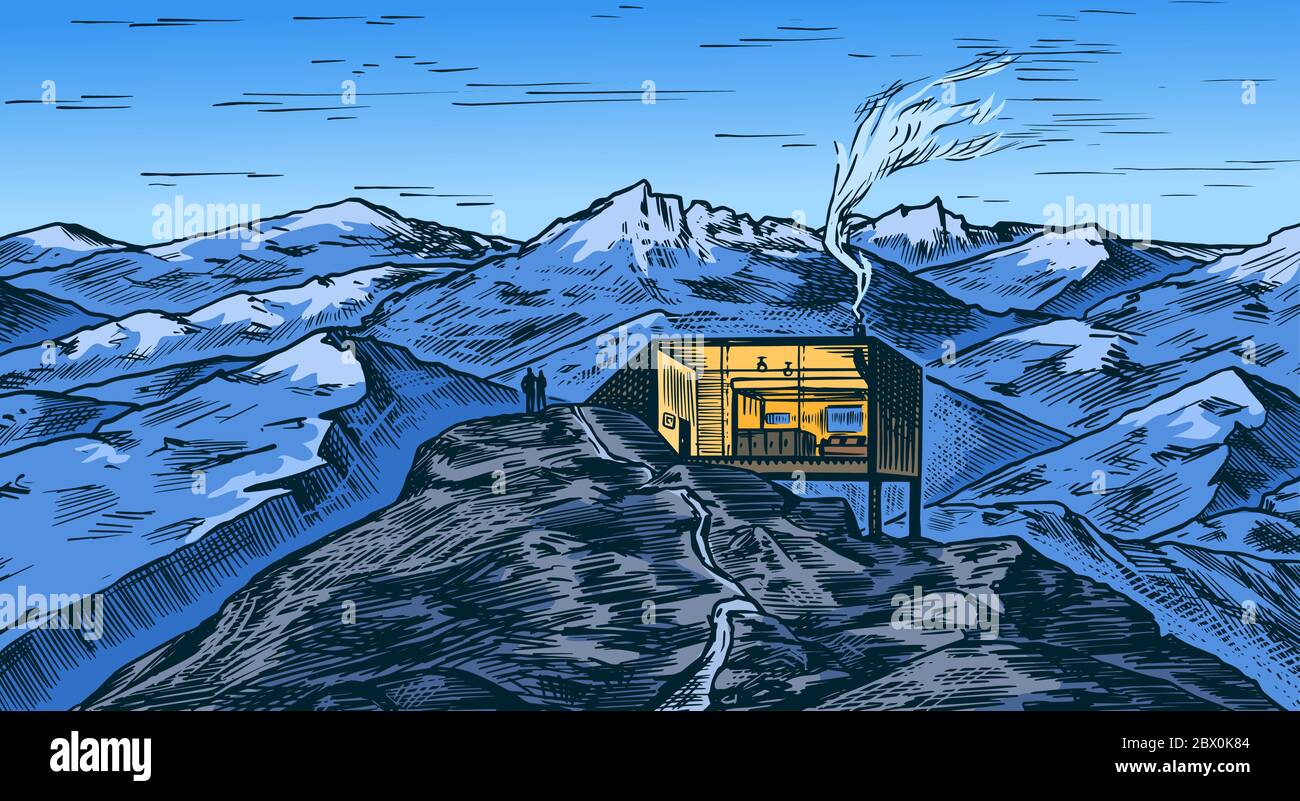 Mountain landscape background. Alpine peaks and cabin. Vintage Mount ...