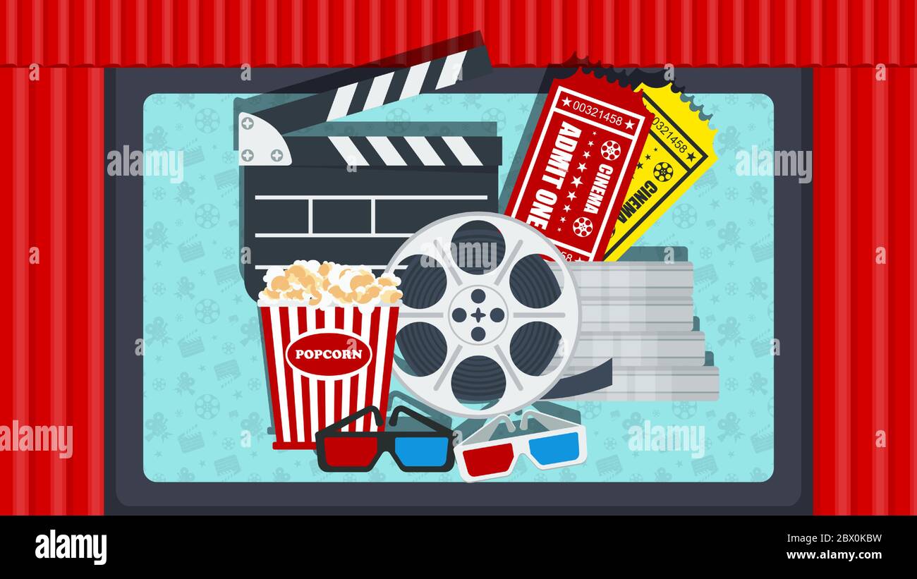 Cinema poster template. Red curtain on stage of theater. Screen ...