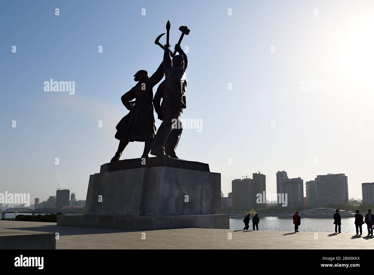 Pyongyang, North Korea - May 1, 2019: Juche statue consisting of three ...
