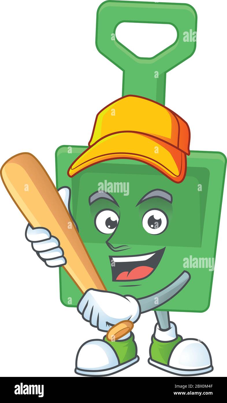 cartoon design concept of green sand bucket playing baseball with stick ...