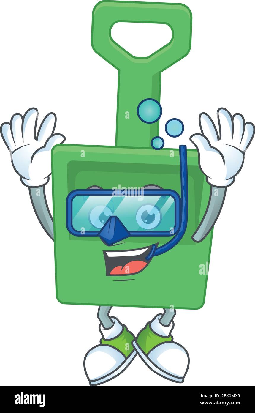 cartoon drawing concept of green sand bucket wearing cool Diving ...