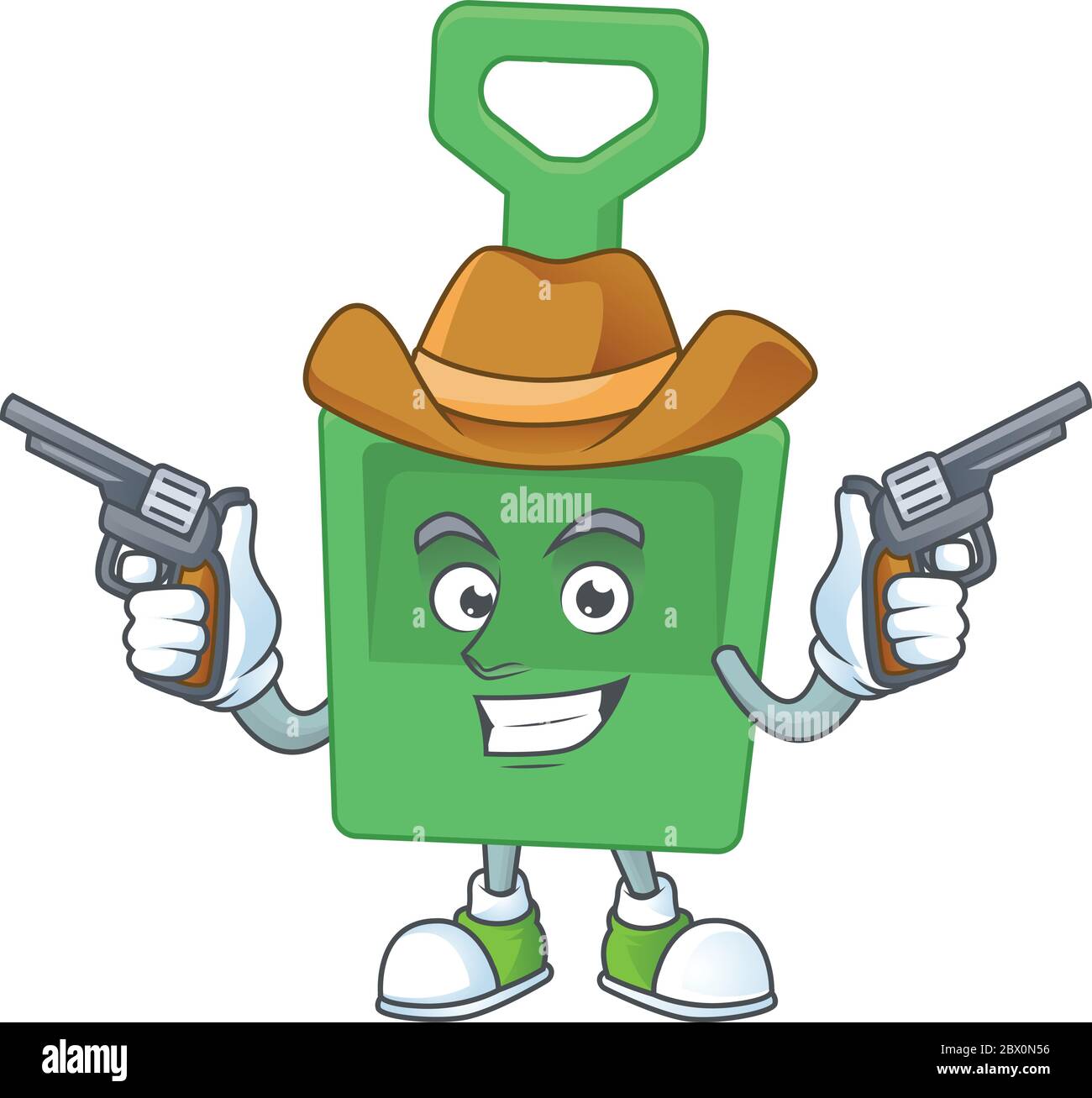 A masculine cowboy cartoon drawing of green sand bucket holding guns ...