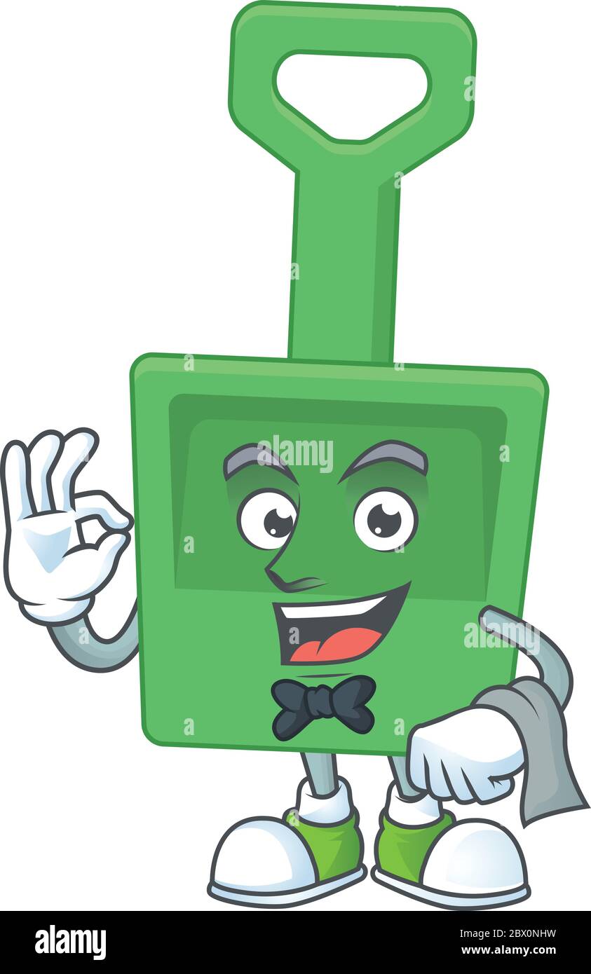 A cartoon image of green sand bucket as a waiter character ready to ...