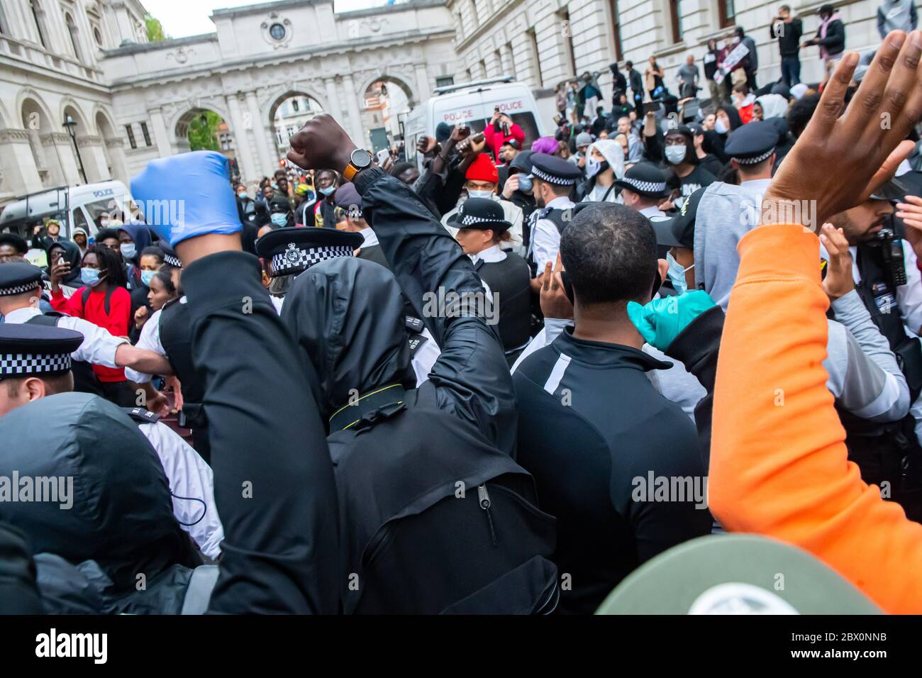 London, United Kingdom. 3rd June, 2020. Protesters and police face off ...