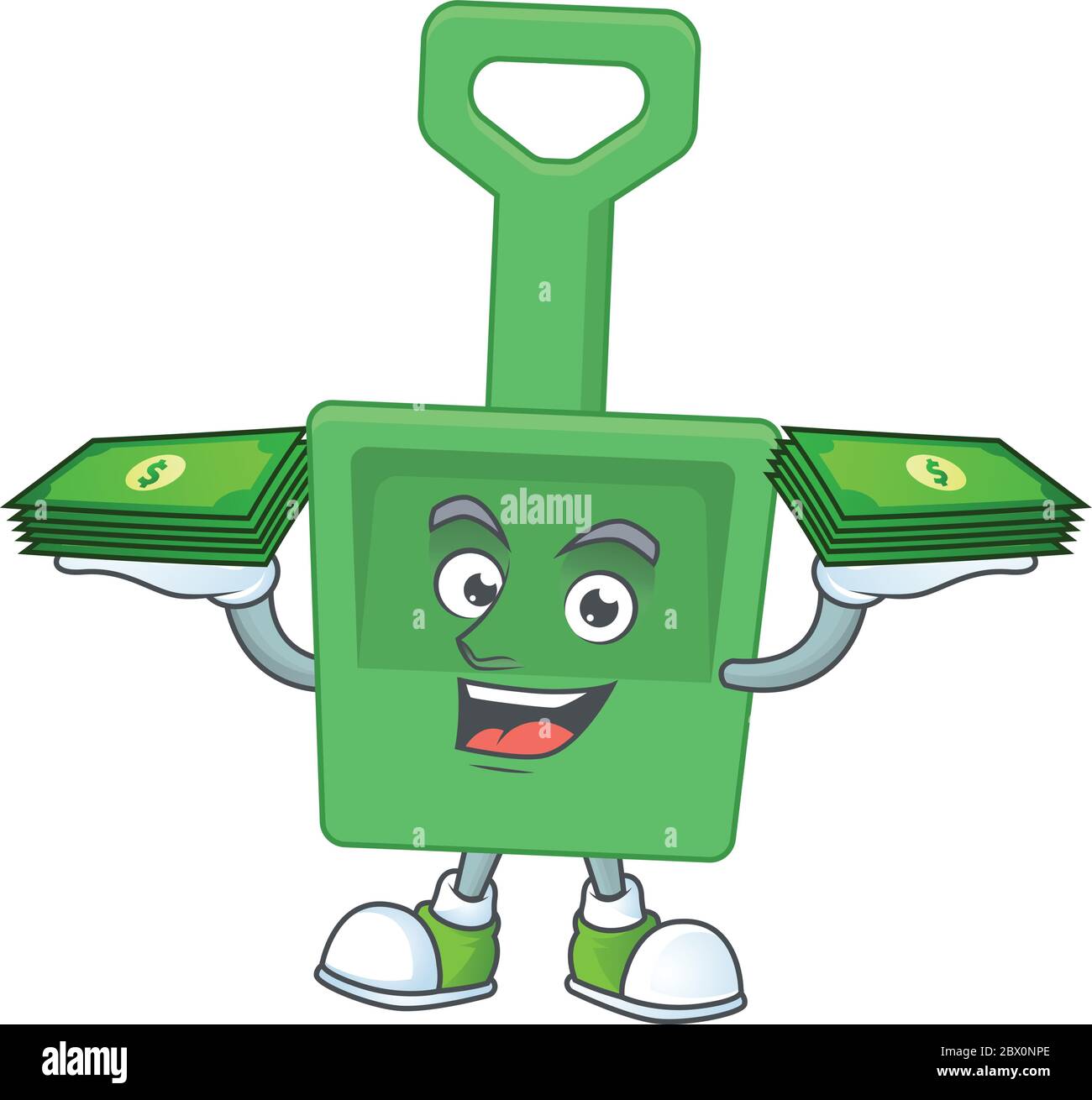 A cheerful green sand bucket cartoon mascot design having some money on ...