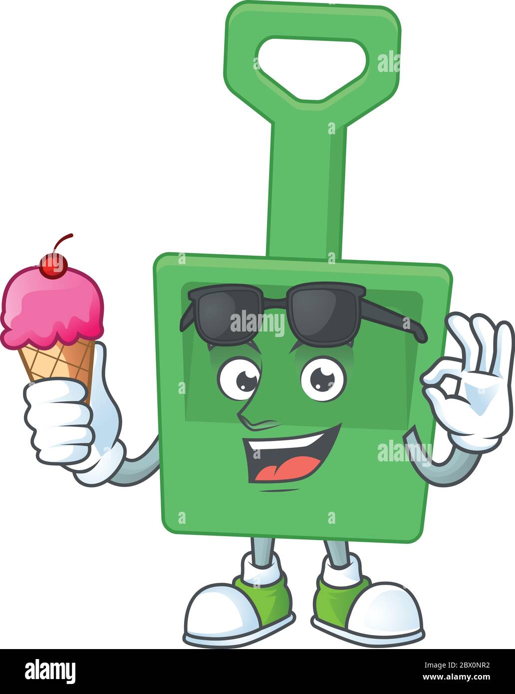 Happy face of green sand bucket cartoon mascot having an ice cream ...