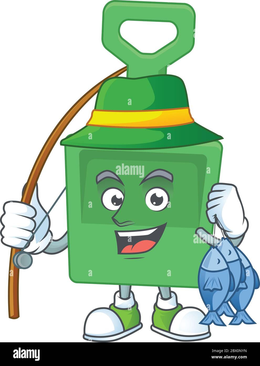 A Caricature picture of green sand bucket fisher succeed catch a fish ...