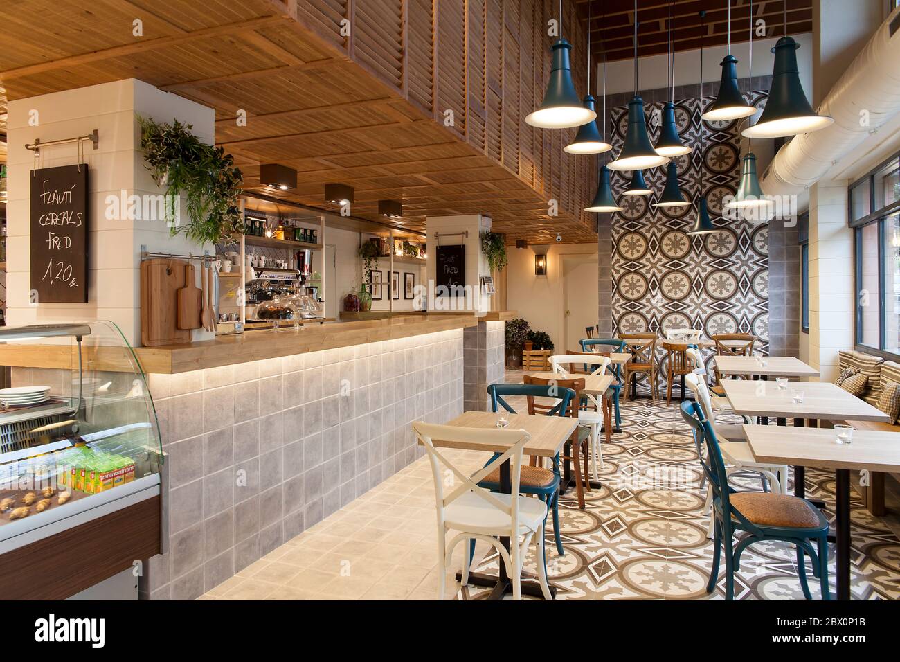 Elegant and modern Coffee shop with ceramic floors and walls. Modernist ...